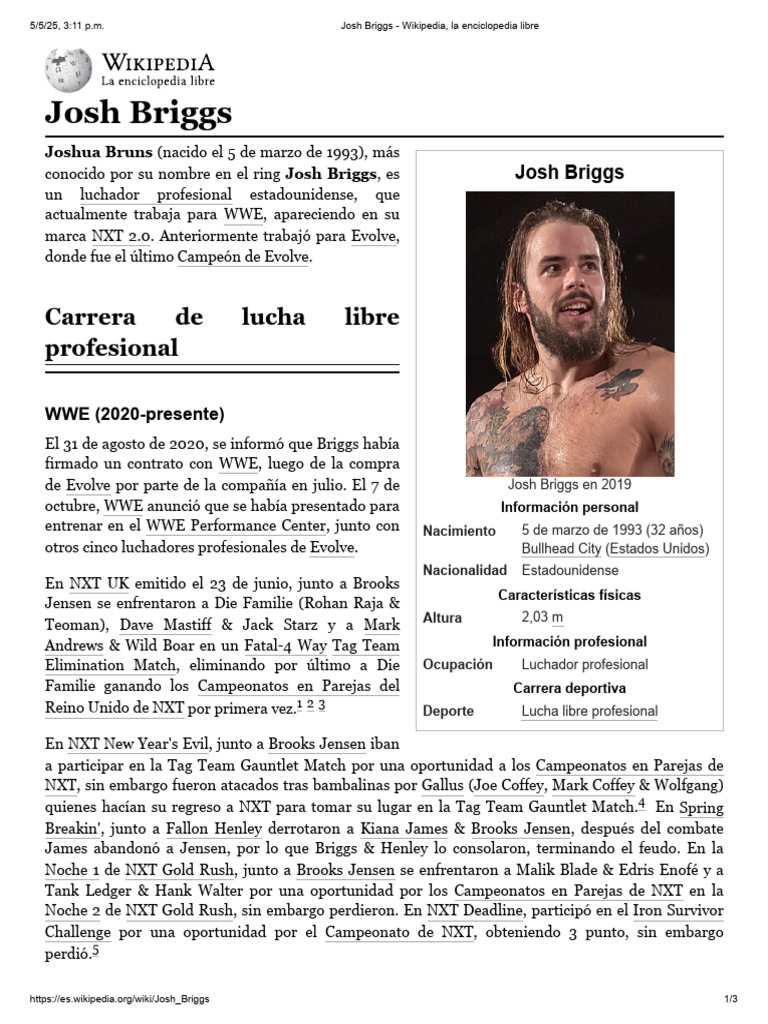 Josh Briggs - Wikipedia, La Enciclopedia Libre | PDF | Wwe ...
