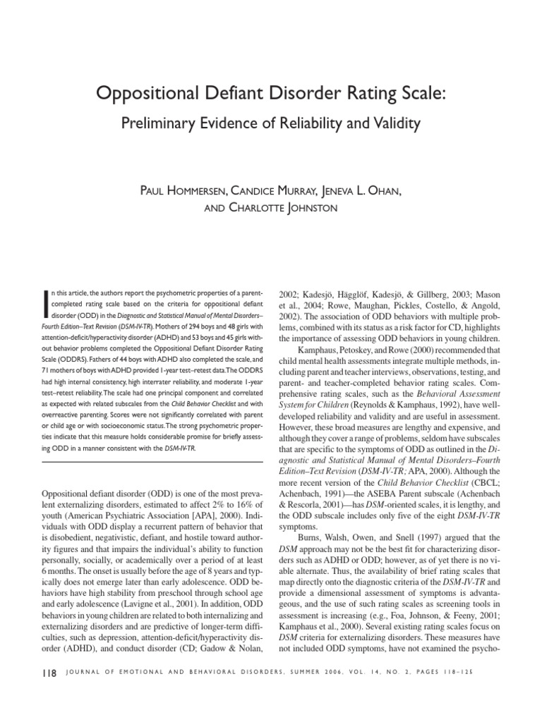 Oppositional Defiant Disorder Rating Scale - Preliminary Evidence of Reliability and Validity ...