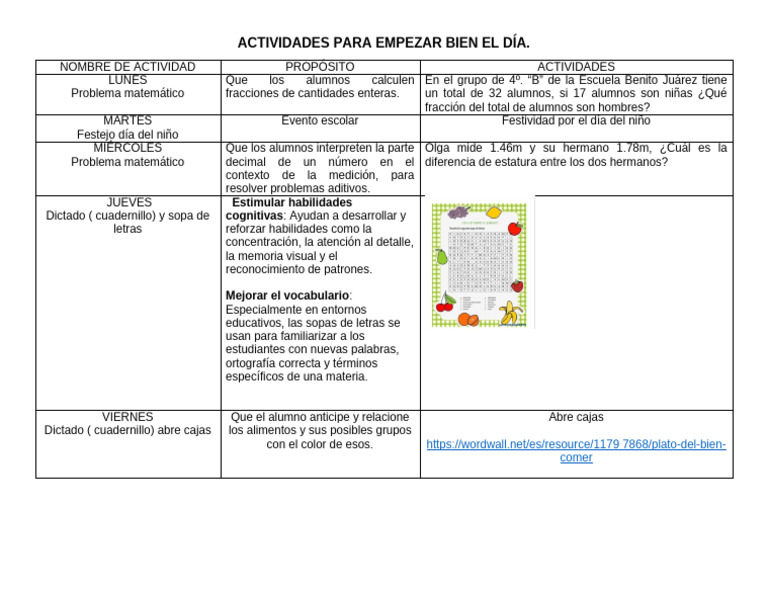 Actividades para Iniciar Bien el Día | PDF