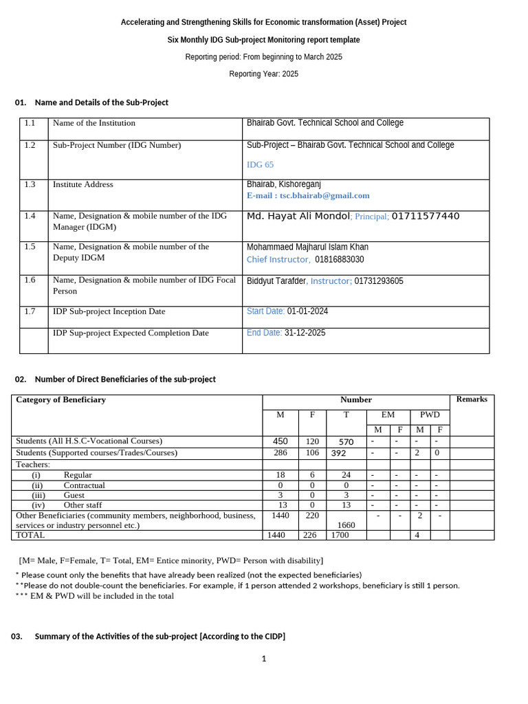 Bhairab Govt. TSC Six Monthly IDG Monitoring Report (Sub-Project-65 ...