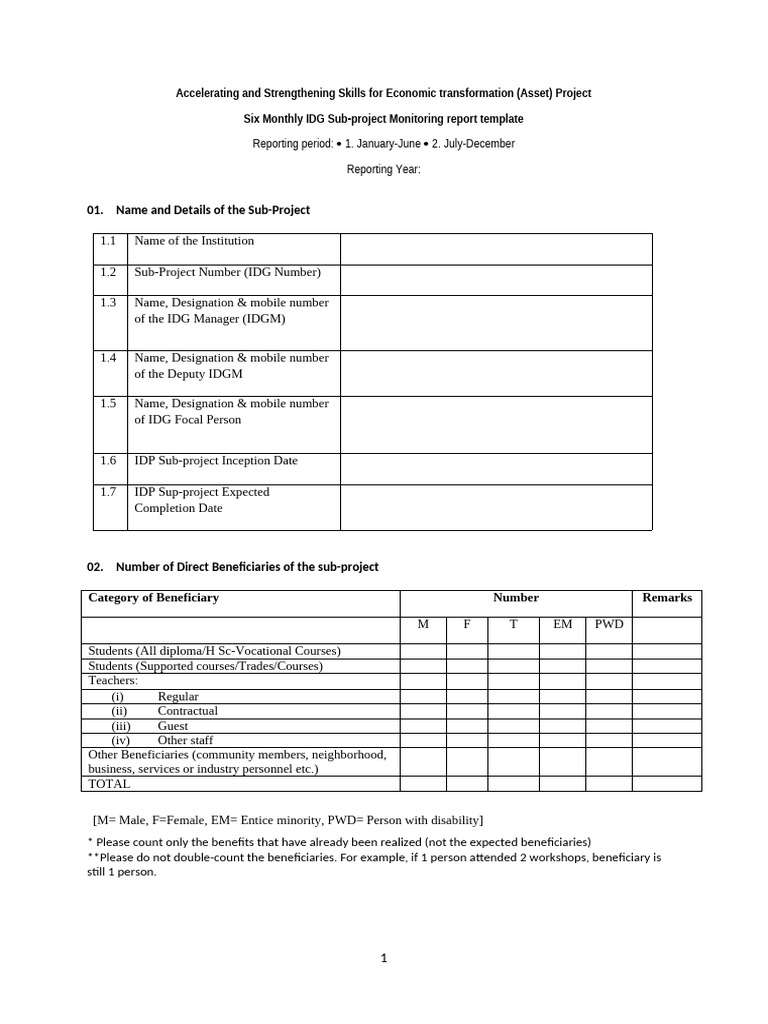 Proposed Format For Six Monthly Monitoring Report of Sub-Project | PDF ...