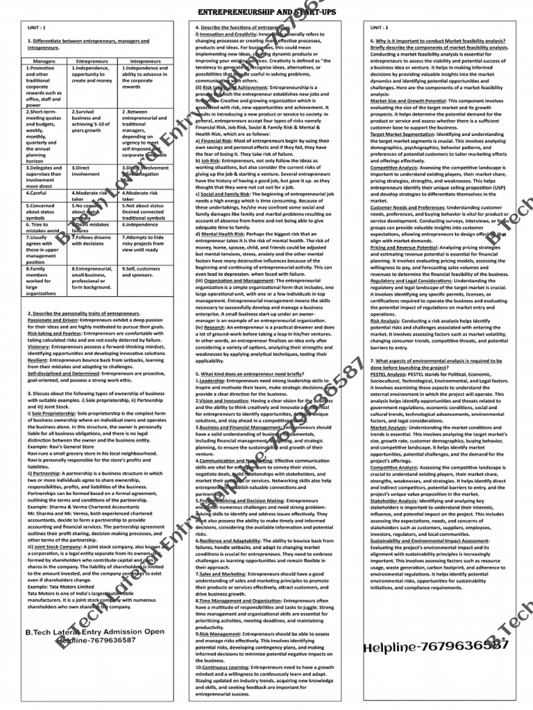 Entrepreneurship And Start Ups Notes 2025 Pdf