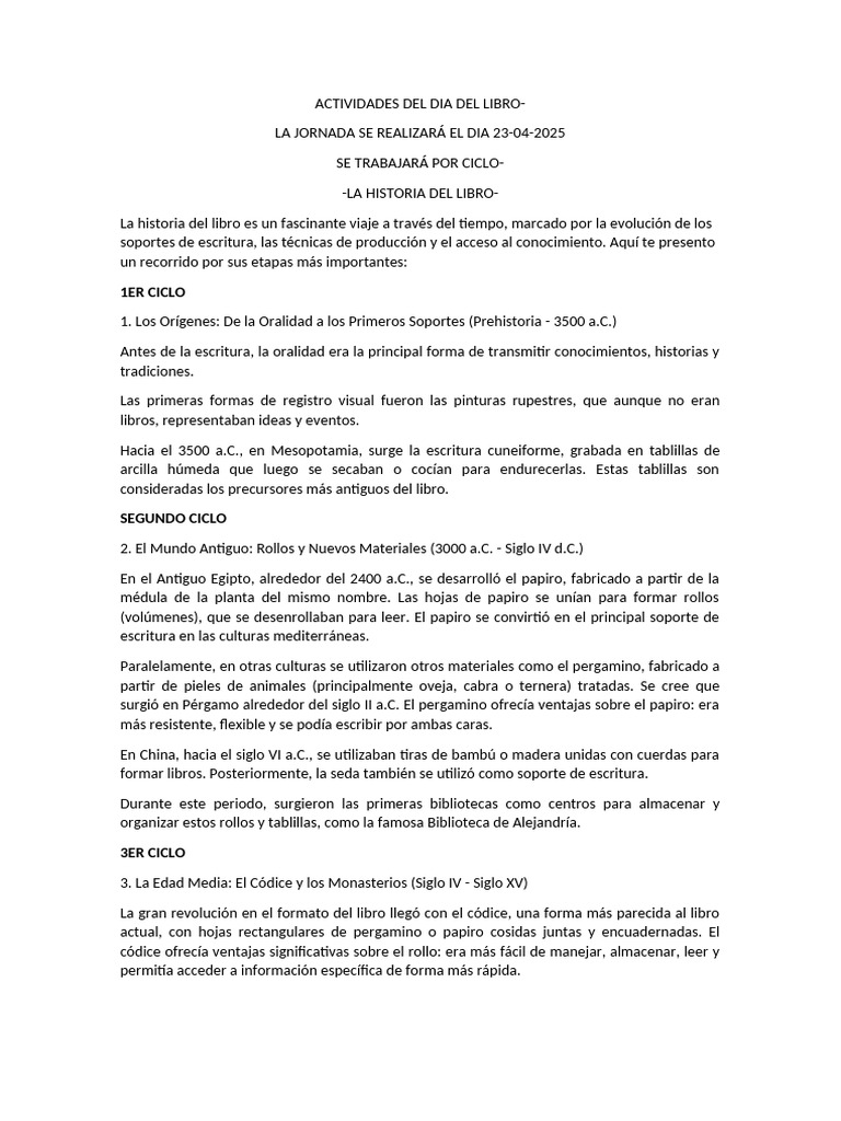 Actividades Del Dia Del Libro - Historia Del Libro | PDF | Libros ...