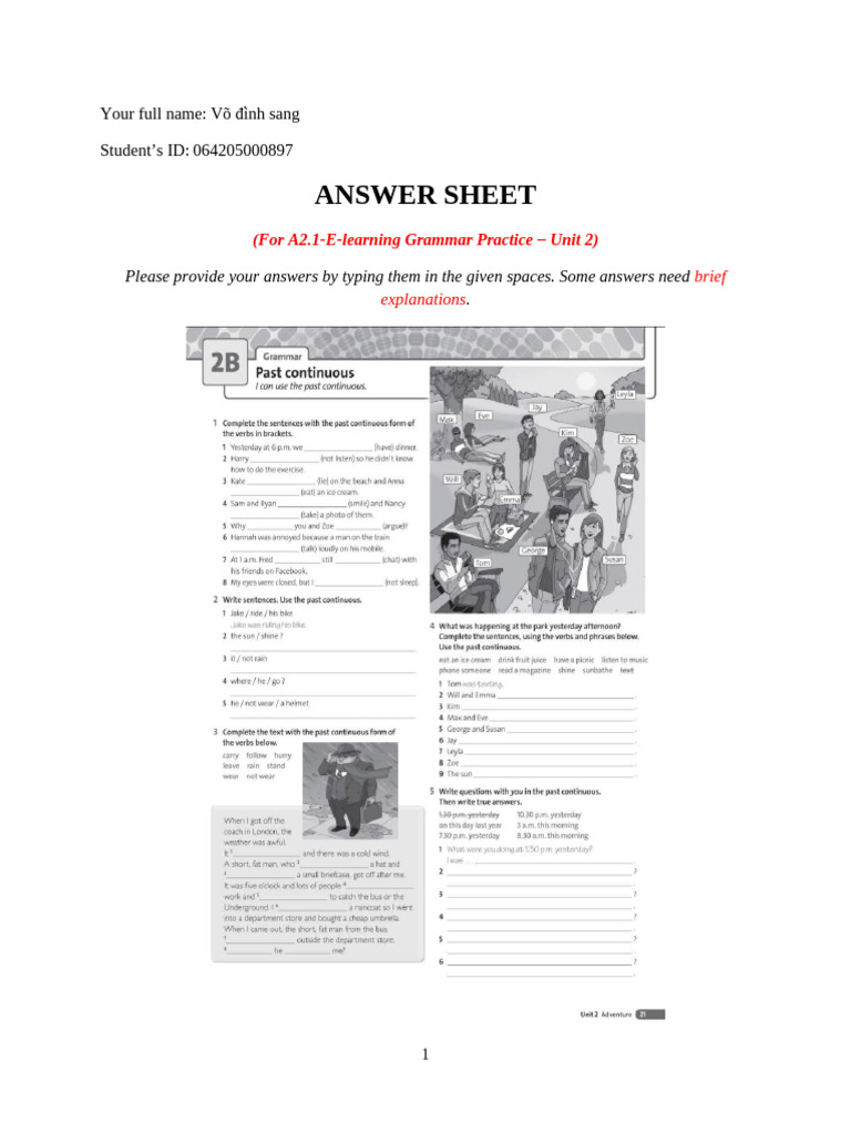 A2.1-E-learning Grammar Practice - Unit 2 (Answer Sheet) | PDF