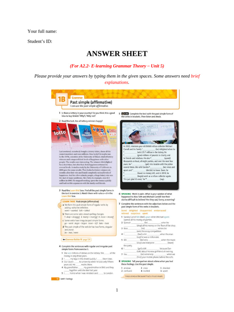 A2.1-E-learning Grammar Theory - Unit 1 (Answer Sheet) | PDF
