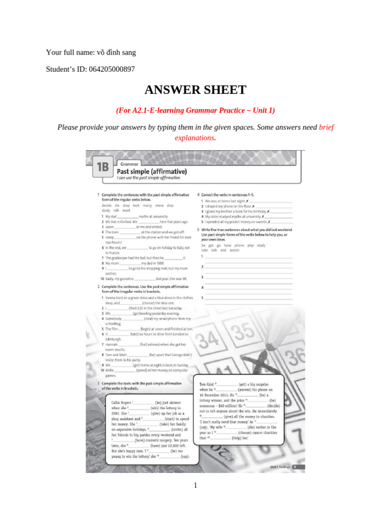 A2.1-E-learning Grammar Practice - Unit 1 (Answer Sheet) | PDF