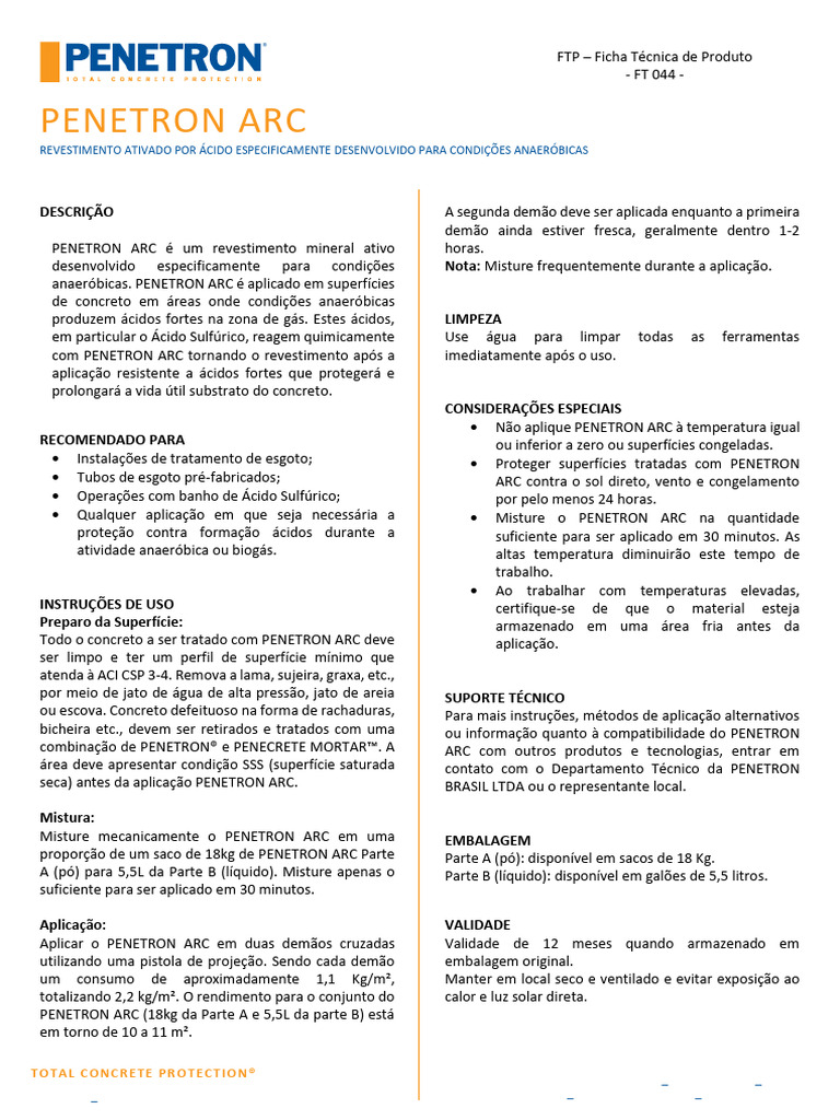 Ficha Tecnica 044 Penetron Arc | PDF | Águas residuais | Ácido sulfúrico