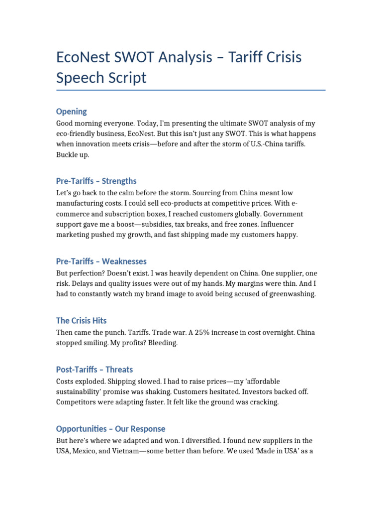 EcoNest SWOT Tariffs Speech Script | PDF | Tariff | Swot Analysis