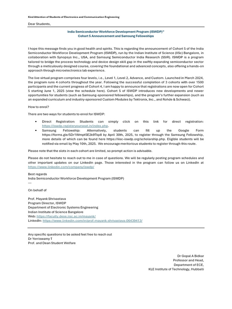 IISC India Semiconductor Workforce Development Program | PDF