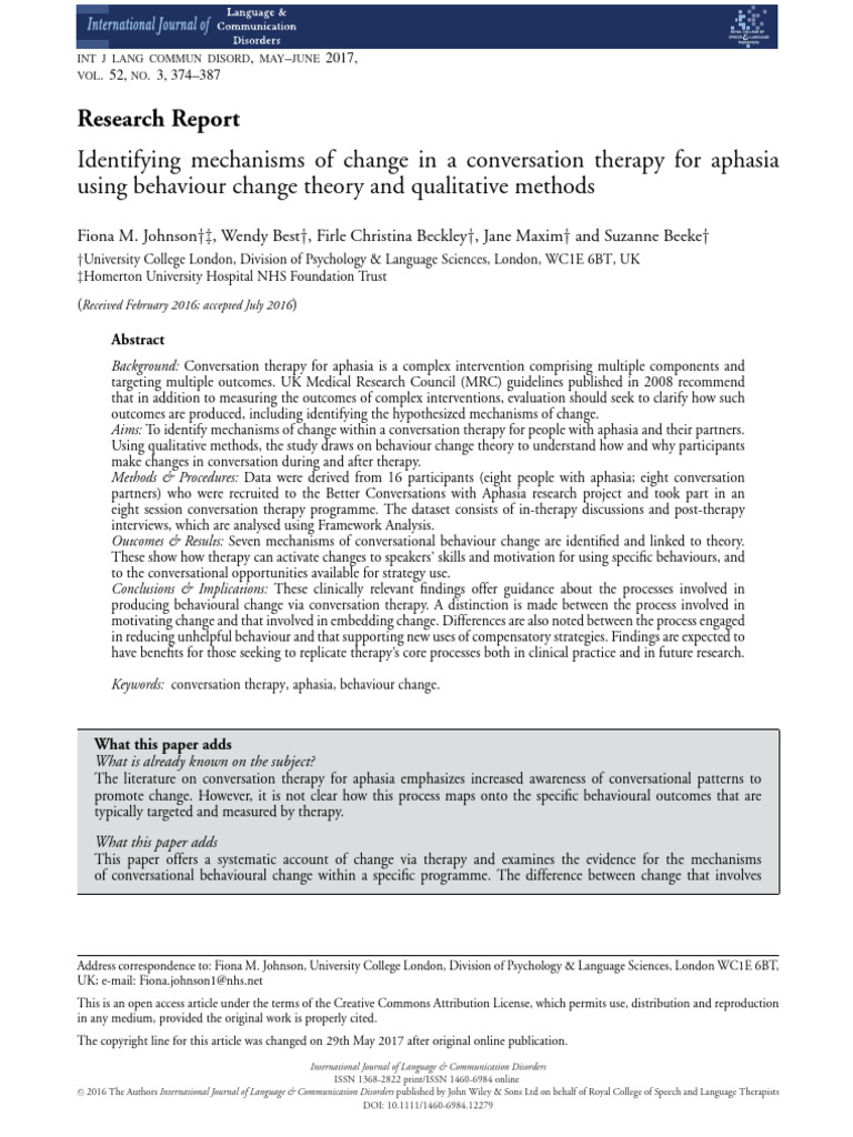 Identifying Mechanisms of Change in A Conversation | PDF | Aphasia ...