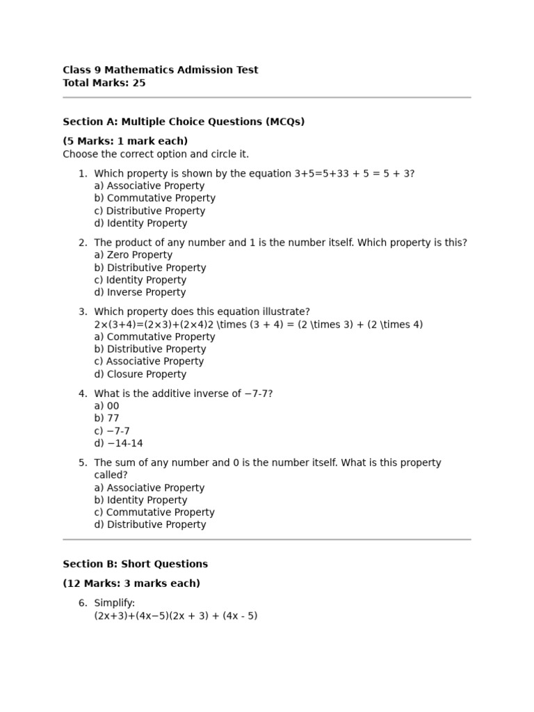 Class 9 Mathematics Admission Test | PDF