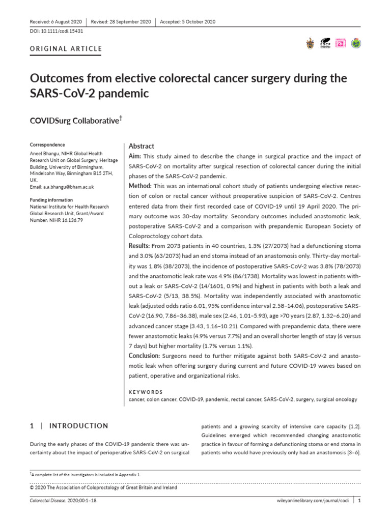 2020 Outcomes From Elective Colorectal Cancer Surgery During the SARS‐CoV‐2 Pandemic | PDF ...