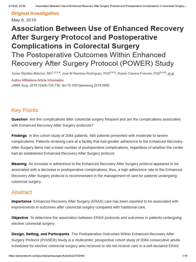 Association Between Use of Enhanced Recovery After Surgery Protocol and Postoperative ...
