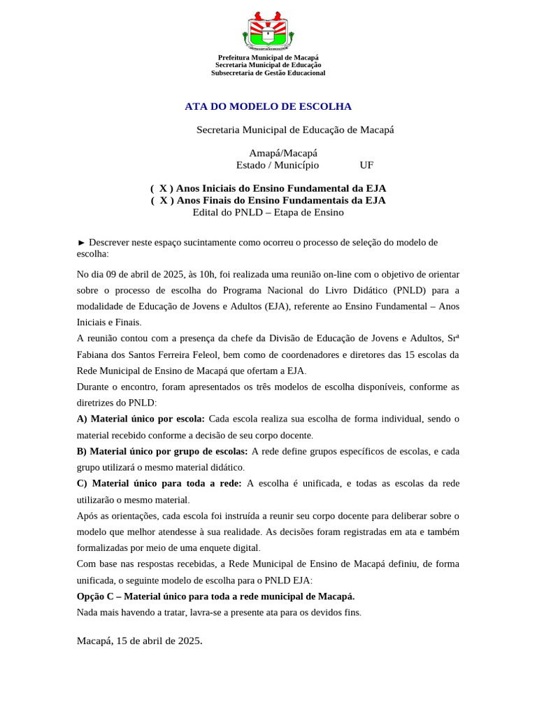 Ata de Escolha do PNLD EJA 2025 | PDF | Ensino | Aprendizado