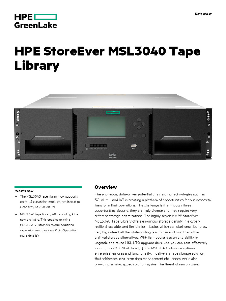 HPE StoreEver MSL3040 Tape Library Overview | PDF | Computing ...