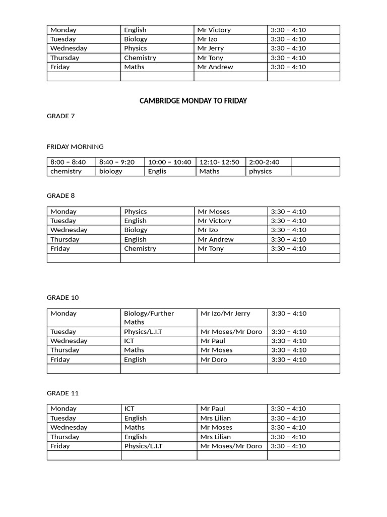 Weekly Class Schedule for Grades 7-11 | PDF