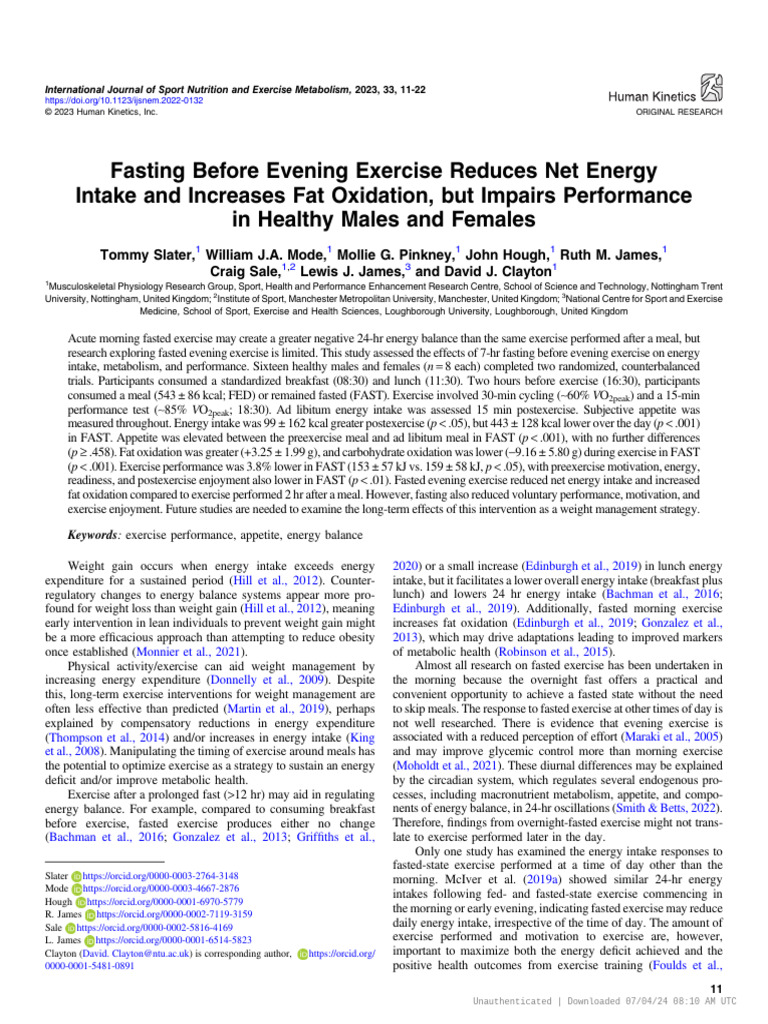 Fasting Before Evening Exercise Reduces Net Energy Intake and Increases ...