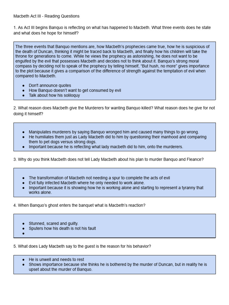 Macbeth Act III - Reading Questions | PDF | Macbeth | Shakespearean ...