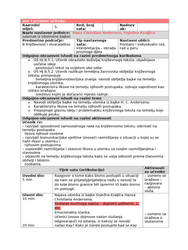 Ime I Prezime Učitelja:: Hans Christian Andersen | PDF