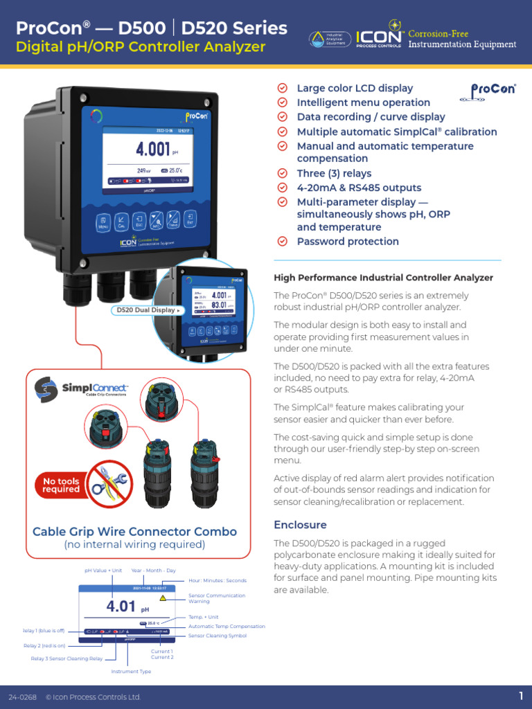 procon-d500-ph-orp-controller-data-sheet | PDF | Calibration | Sensor