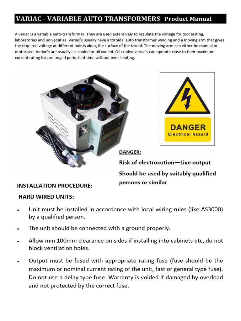 Tortech Variac Manual 2020 | PDF | Transformer | Fuse (Electrical)