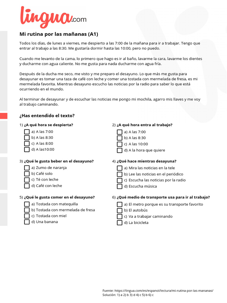 Mi Rutina Por Las Mañanas (A1) : ¿Has Entendido El Texto? | PDF