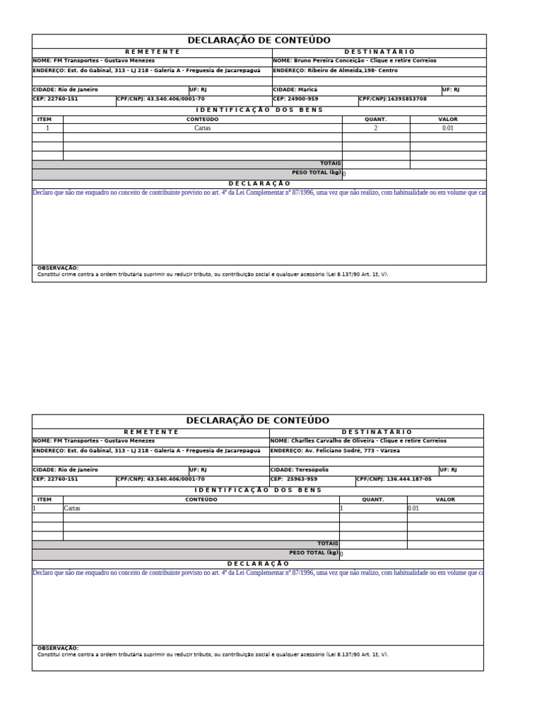 Formulario Declaracao de Conteudo - Correios | PDF | Brasil