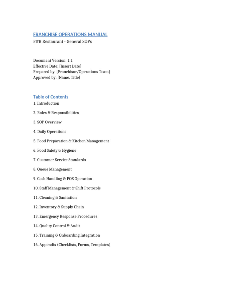 Franchise Operations Manual for F&B | PDF | Franchising | Food Safety