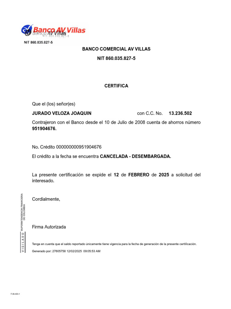 Cuenta Embargada Av Villas2 | PDF