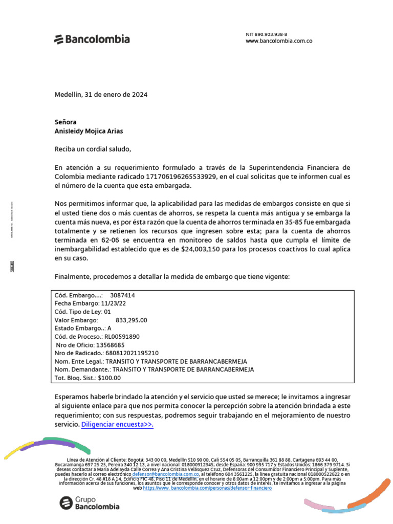 Cuenta Embargada Bancolombia | PDF