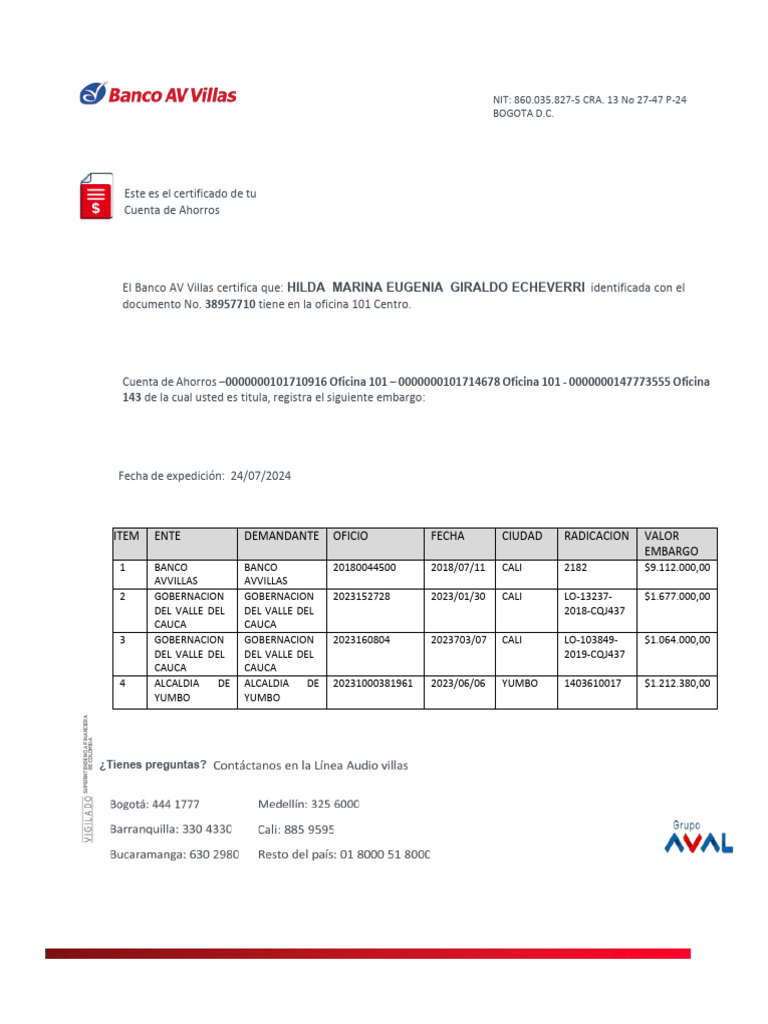 CUENTA EMBARGADA AV VILLAS | PDF