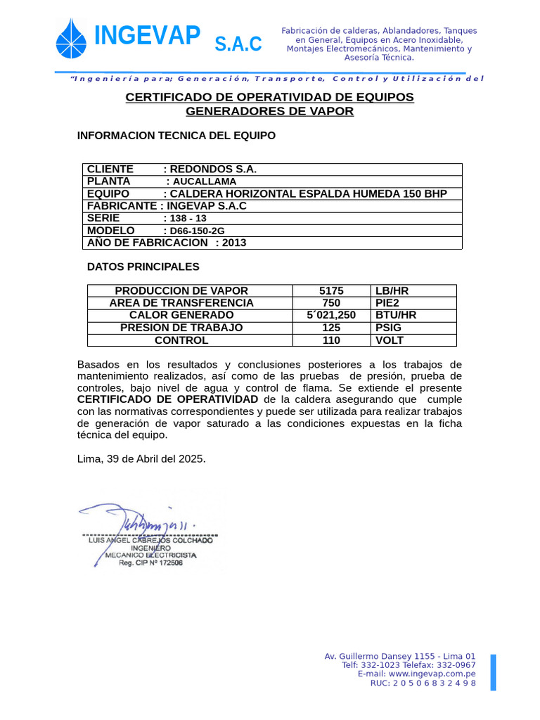 Cert. Opertividad 2025 Redondos S.A. C150 BHP | PDF