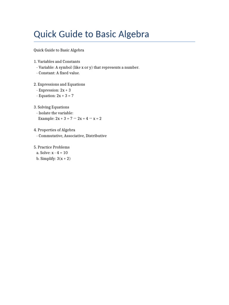 Quick Guide To Basic Algebra | PDF
