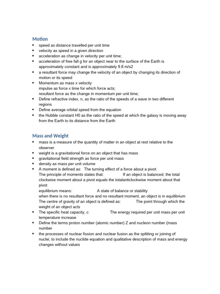 Final Formatted Physics Definitions | PDF | Force | Mass