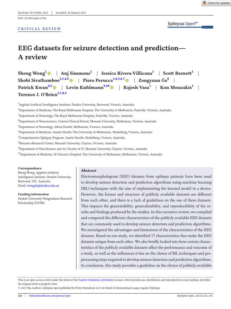 Epilepsia Open - 2023 - Wong - EEG datasets for seizure detection and prediction A review | PDF ...