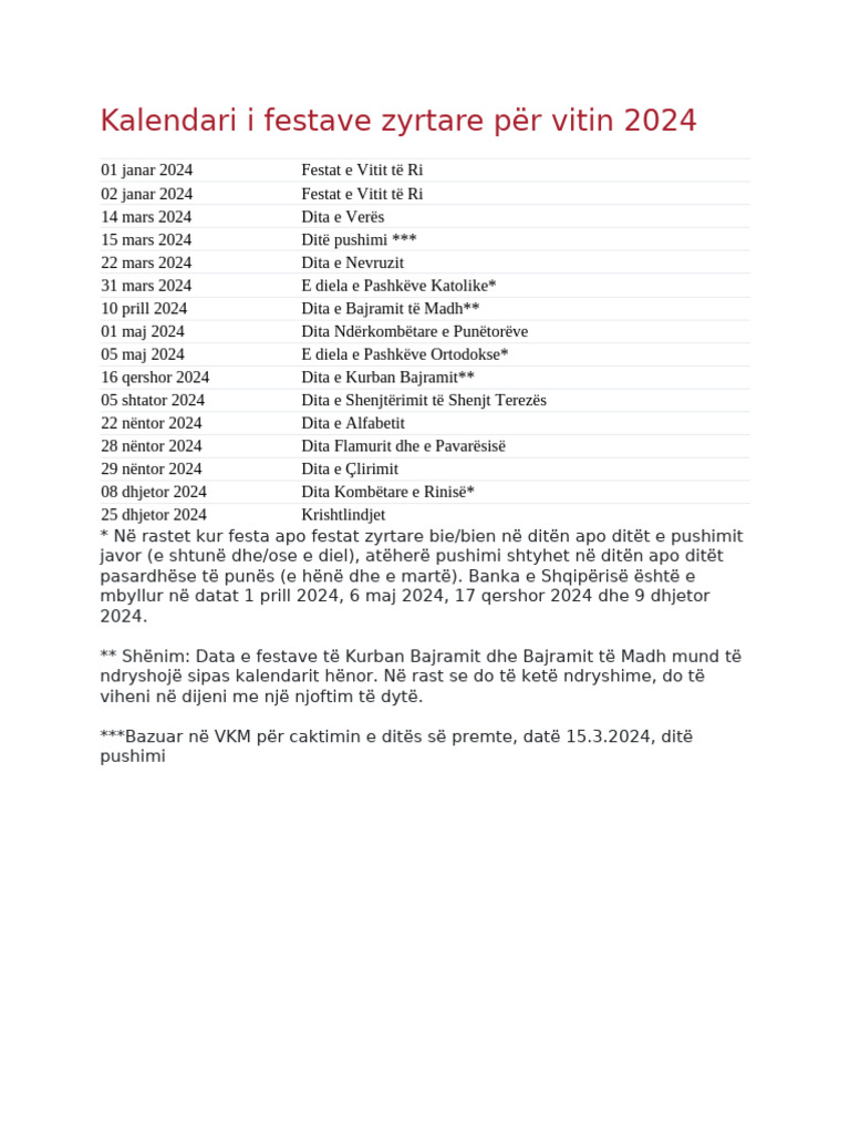 Kalendari I Festave Zyrtare Për Vitin 2024 | PDF