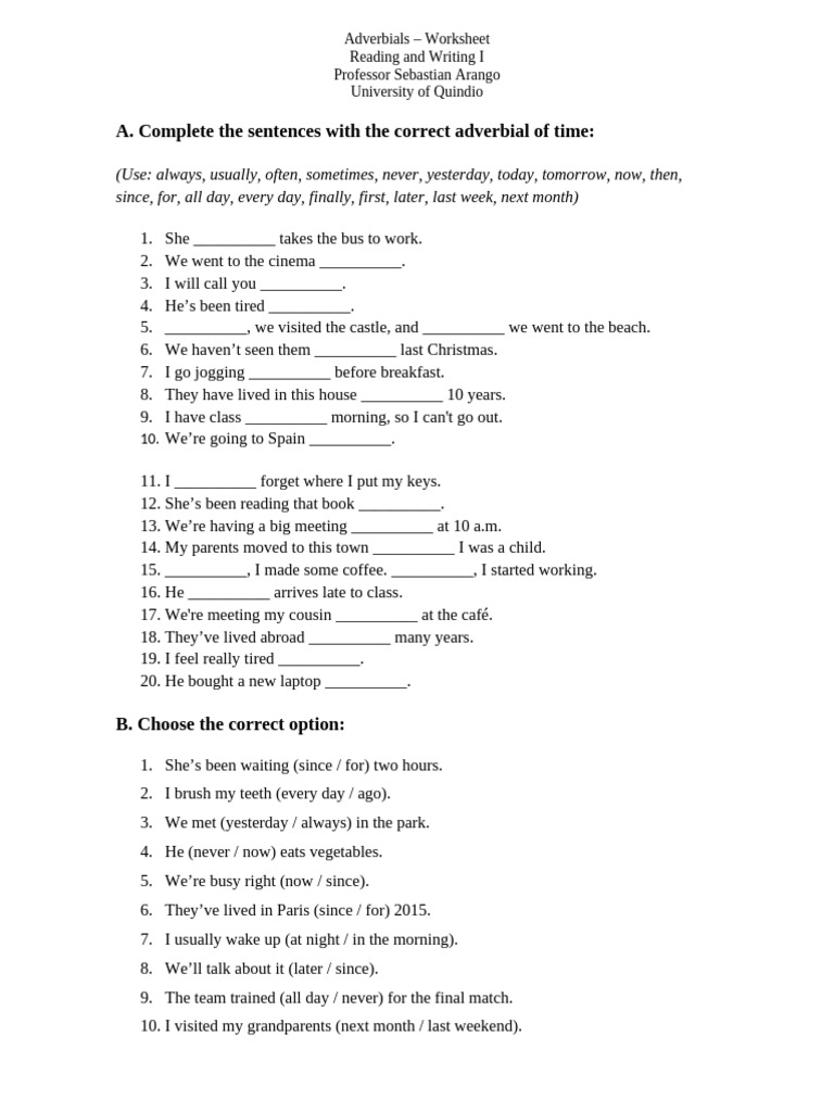 Adverbials Worksheet | PDF