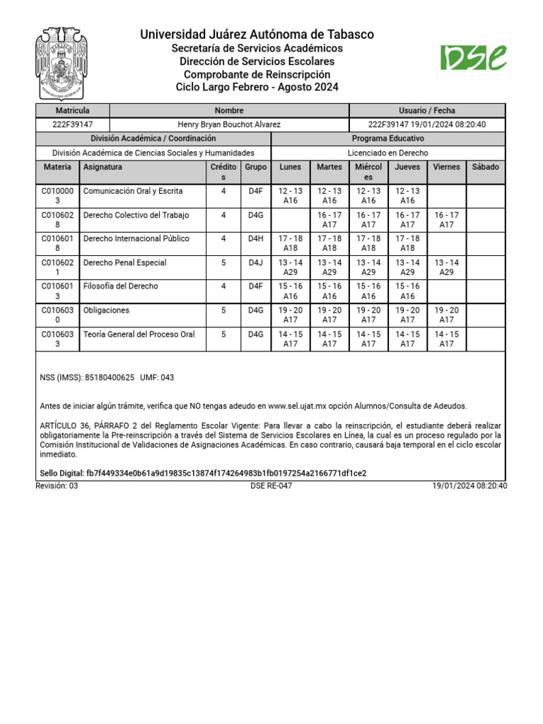 Comprobante de Reinscripción UJAT 2024 | PDF