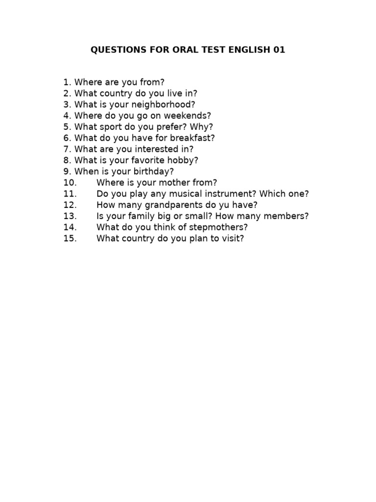 Questions for Oral Test English 01 | PDF