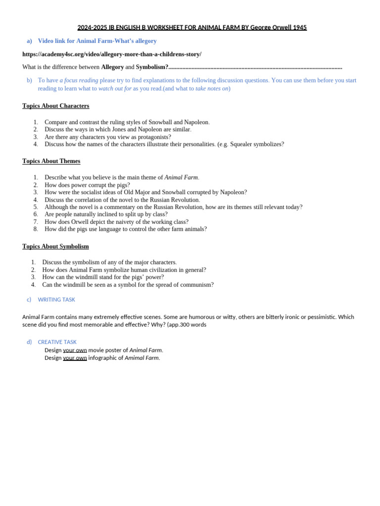 IB English B: Animal Farm Worksheet | PDF