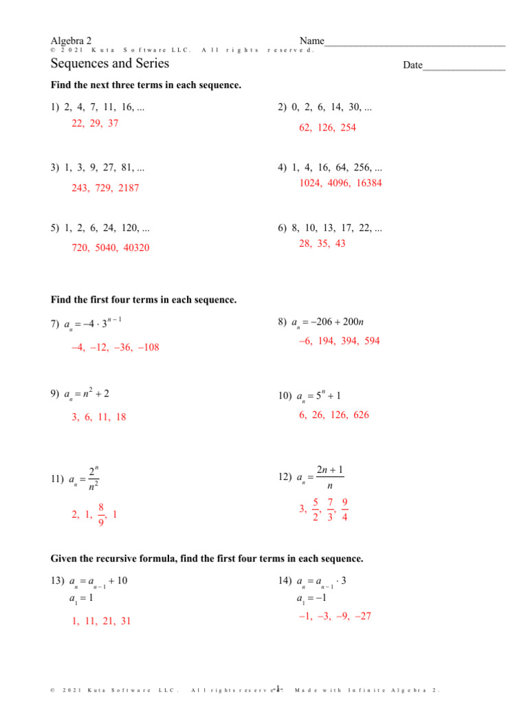 11.1 Sequences and Series Answers | PDF | Mathematics | Algebra