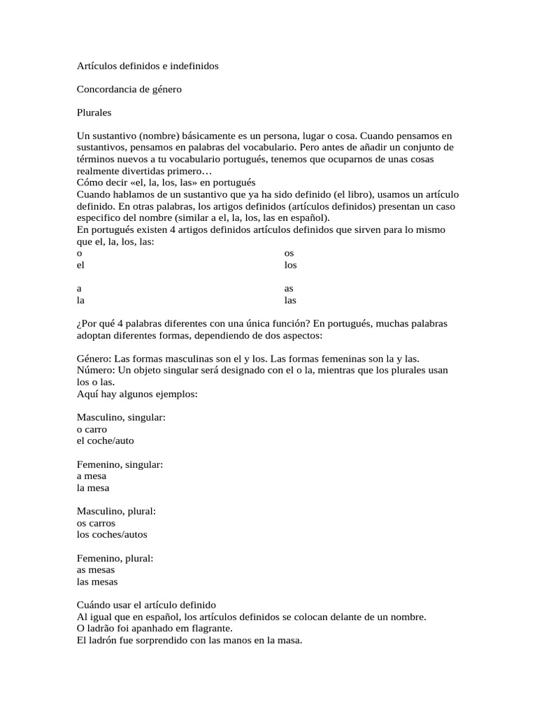 Artículos definidos e indefinidos | PDF | Género gramatical | Sustantivo
