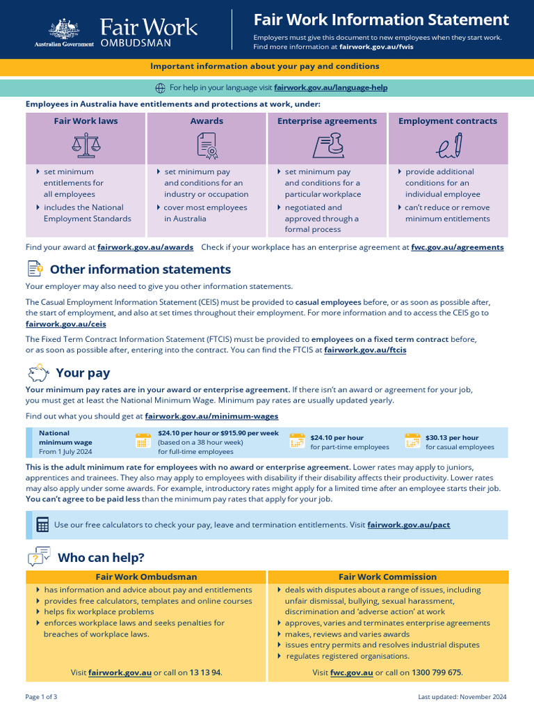 Fair Work Information Statement | PDF | Employment | Minimum Wage