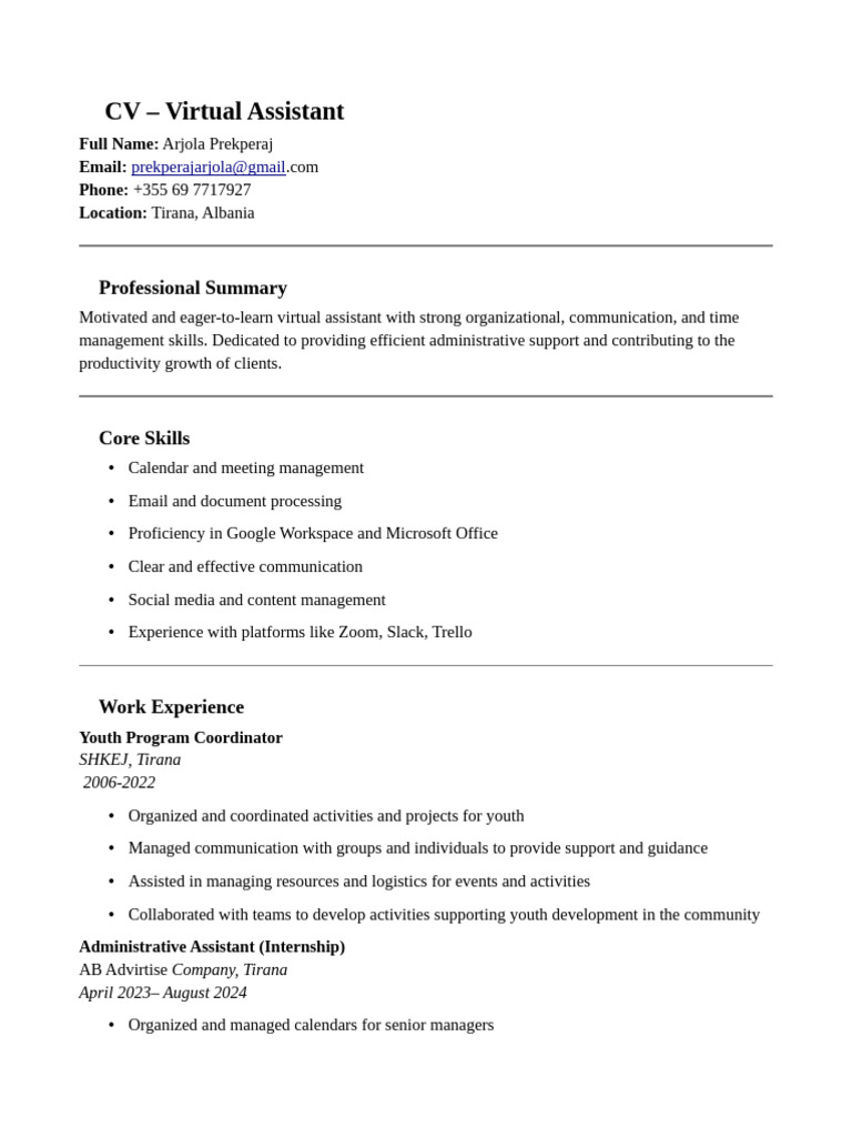 Virtual Assistant CV of Arjola Prekperaj | PDF