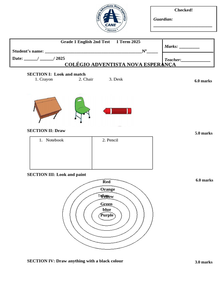 2nd ENGLISH TEST of grade 1 2025 | PDF