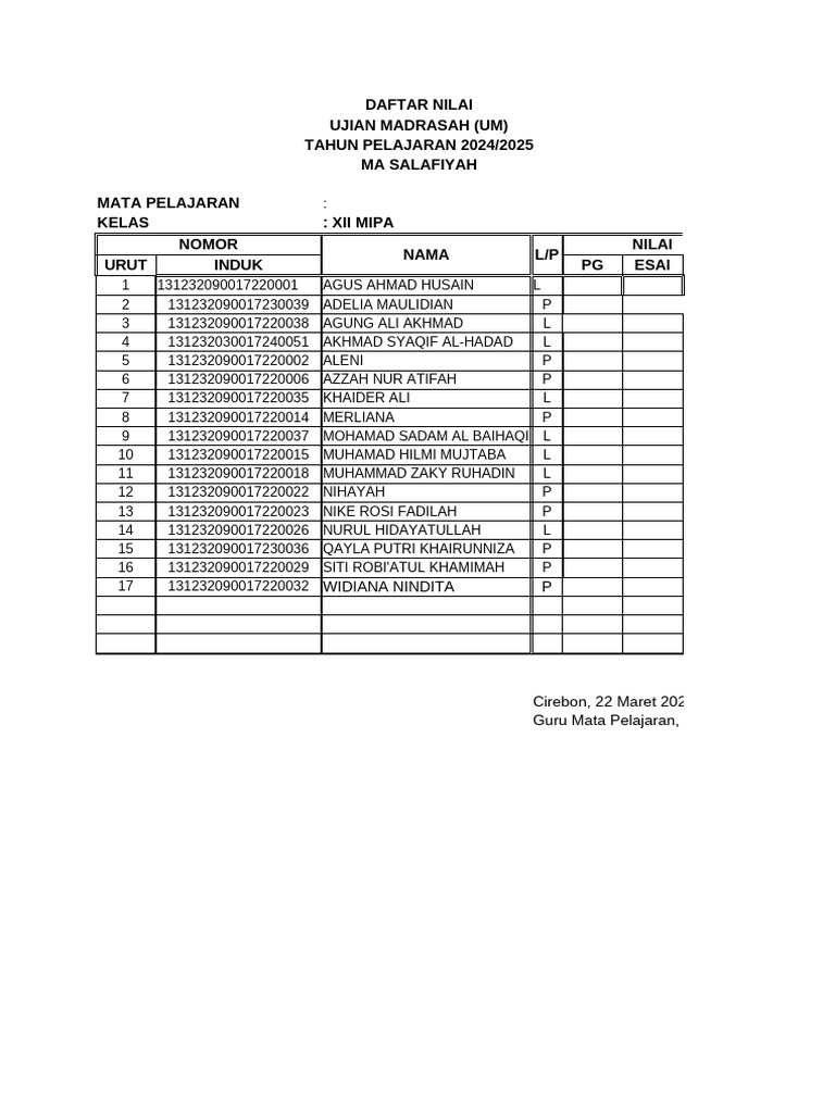 Format Nilai UM 2425 | PDF