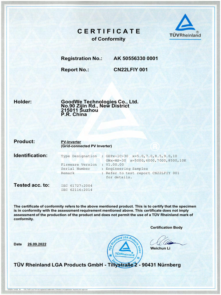 GW - MS G3 - Certificate-IEC61727 - IEC62116 | PDF