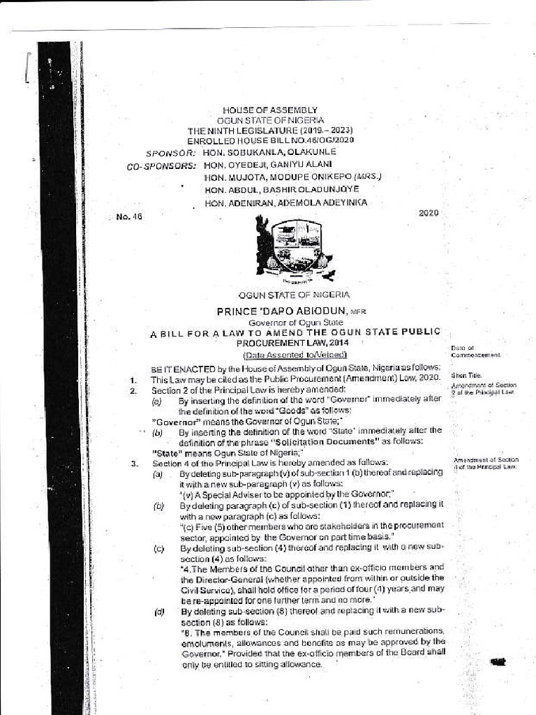 Ogun State Amended Procurement Law 2020 | PDF