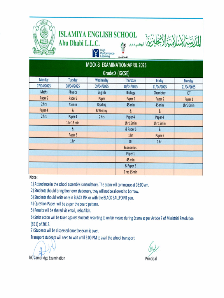 Mock 3 Time Table Grade 10 | PDF