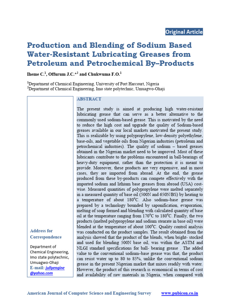 Production and Blending of Sodium Basedwaterresistant Lubricating ...